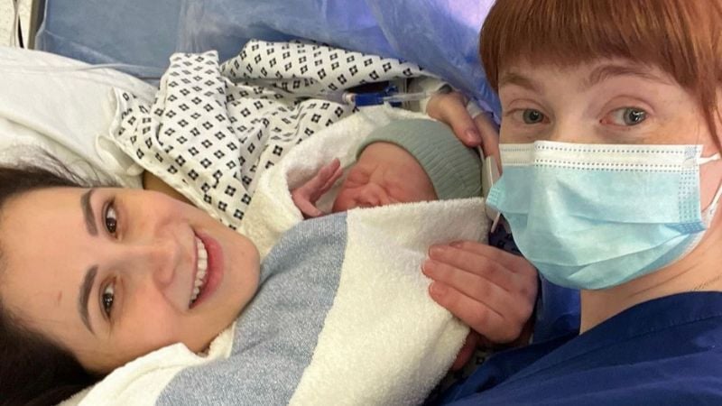 Caitlin and Leah right after they became parents