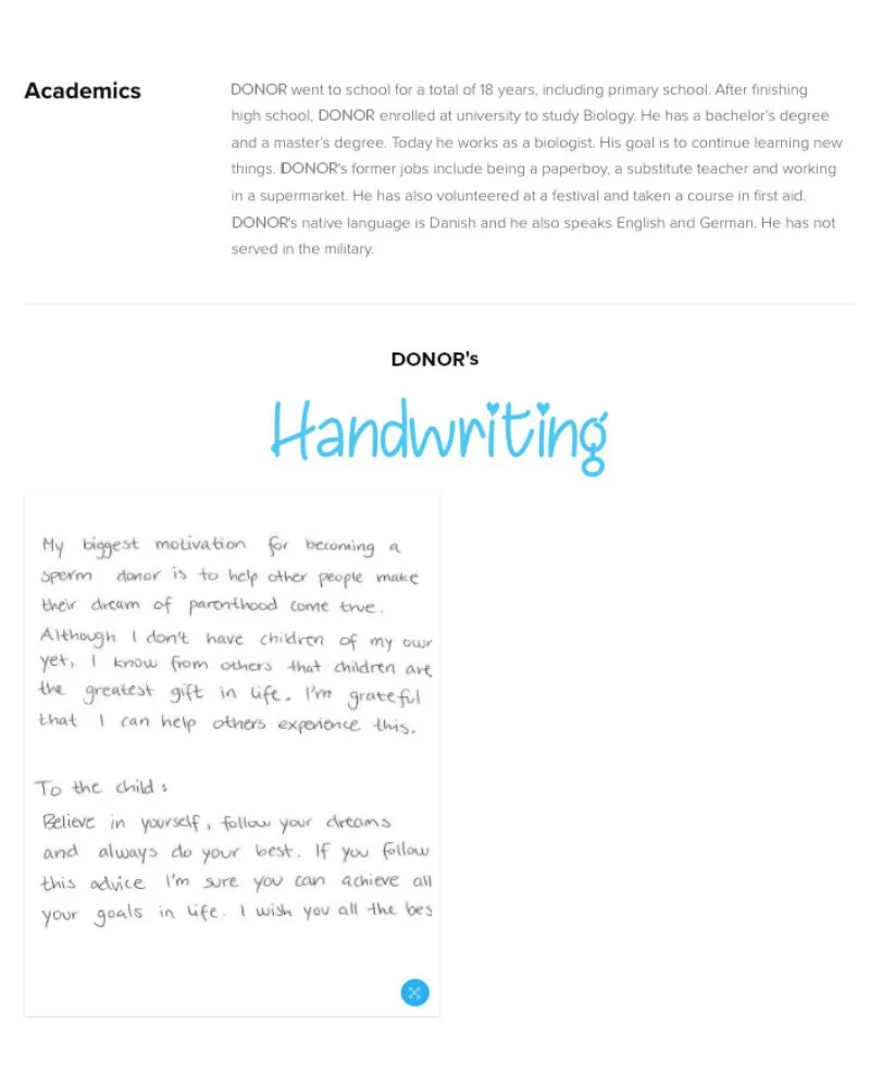 Example of Extended Profile from ID Release Sperm Donor